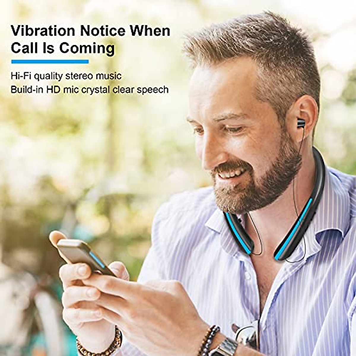 Bluetooth Headphones Retractable, Wireless Neckband Headset with Sweatproof Stereo Earbuds CVC 8.0 Noise Cancelling Call Vibrate Alert Earphones (Blue)