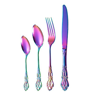 Rainbow Flatware Set for 12, 48 Piece Royal Court Silverware Set, Vintage Embossed Cutlery Utensil Set Include Knife Fork Spoon, Mirror Polished, Dishwasher Safe