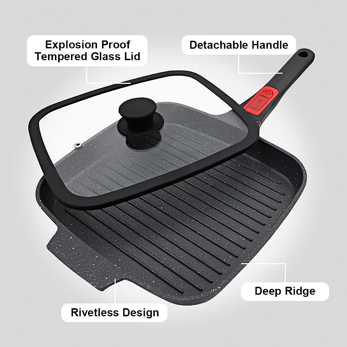 RANXINGST Griddle Pan with Lid, 10 Inch Cast Aluminium Non Stick Steak Pan with Detachable Handle for Induction Hob, Black