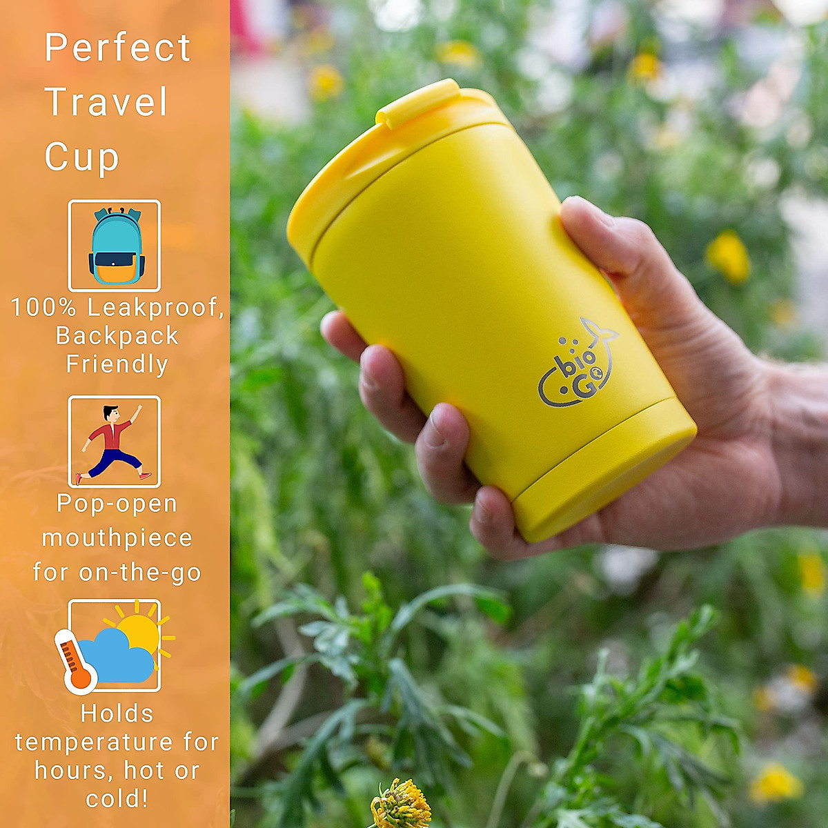 bioGo Reusable Coffee Cup | No Spill Tumbler | Spill Proof Coffee Travel Mug for Women | Insulated Travel Coffee Mug with Lid | Hot Togo Coffee Thermos Bottle Men | To Go Cup (Yellow, 13oz /350ml)