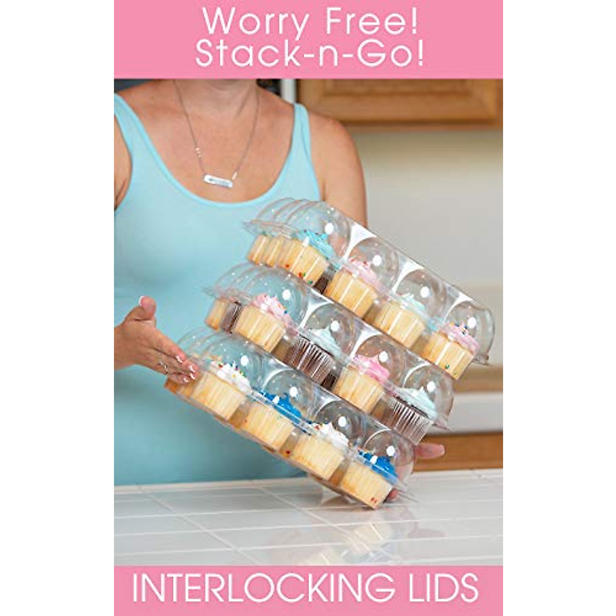 (12Pack x 12 Sets) STACK'nGO Cupcake Carriers - Sturdy Strong High Tall Dome Containers Plastic Disposable Storage Boxes Dozen Compartments Slots Holder Cupcakes Box Tray Container Cup Cake Holders