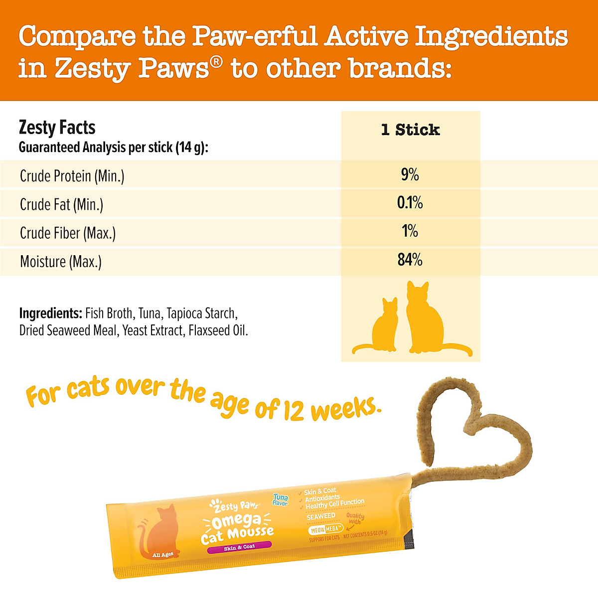 Zesty Paws Omega Cat Mousse Squeezable Cat Treats - with Seaweed, Omega Fatty Acids, Antioxidants Vitamins & Minerals - Skin & Coat Support for Cats - Tuna Fish Flavor - 18 Count