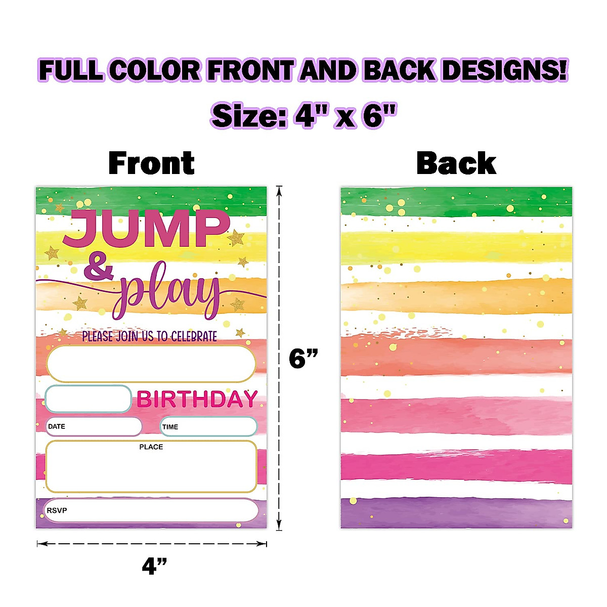Jump Trampoline Party Birthday Invitations, Bounce House Party Invitations for Boys Girls Kids, Jumping Party Invitations, Jump Party Invites (20 Sets 4" x 6" Cards with Envelopes) - JY564