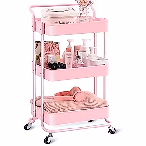 TOOLF 3 Tier Metal Rolling Cart, Utility Cart with Handle, Multifunction Storage Cart with Lockable Wheels, Serving Organizer Trolley with Mesh Basket for Kitchen, Bathroom, Office