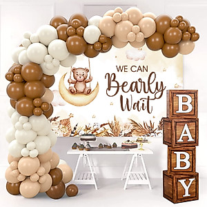 DataMoon Teddy Bear Baby Shower Party Decorations - Wood Grain Boxes with Baby Letters, 90PCS Nude and Brown Balloons, Boho Backdrop “We Can Bearly Wait” for Baby Shower, Gender Reveal,Birthday Party