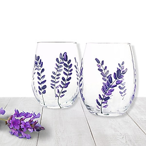 Hand Painted Lavender Flower Wine Glasses, Brushes with a View set of 2 Artisan Made Floral Drinking Glasses Set, Perfect Mother’s Day, Bridal Shower, Christmas & Easter Gift, 15 oz