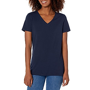 Amazon Essentials Women's Classic-Fit Short-Sleeve V-Neck T-Shirt, Pack of 2, Dark Green/Navy, Large