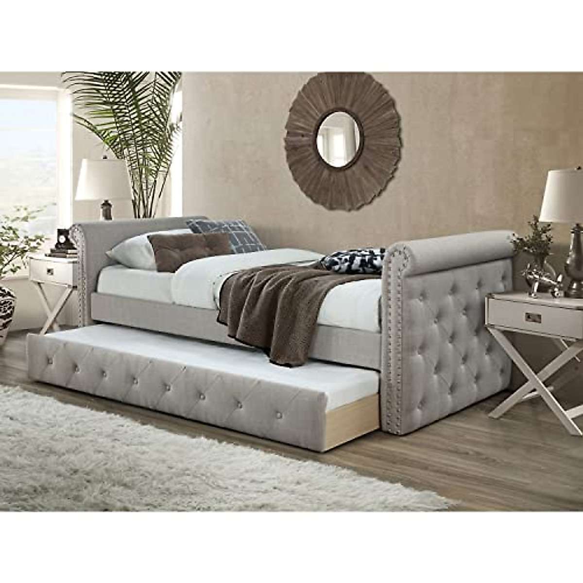 DG Casa Hesdin Daybed with Trundle Platform Bed Frame with Button Tufting Nailhead Trim andFull Wooden Slats, Box Spring Not Required - Traditional Upholstered Twin Size Day Bed in GreyFaux Velvet
