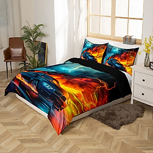 Erosebridal Race Car Duvet Cover Twin,Golden Flame Racing Car Bedding Set for Kids Boys Girls,Sports Car Lightning Comforter Cover Lightweight,Storm Automobile Quilt Cover with 1 Pillow Sham