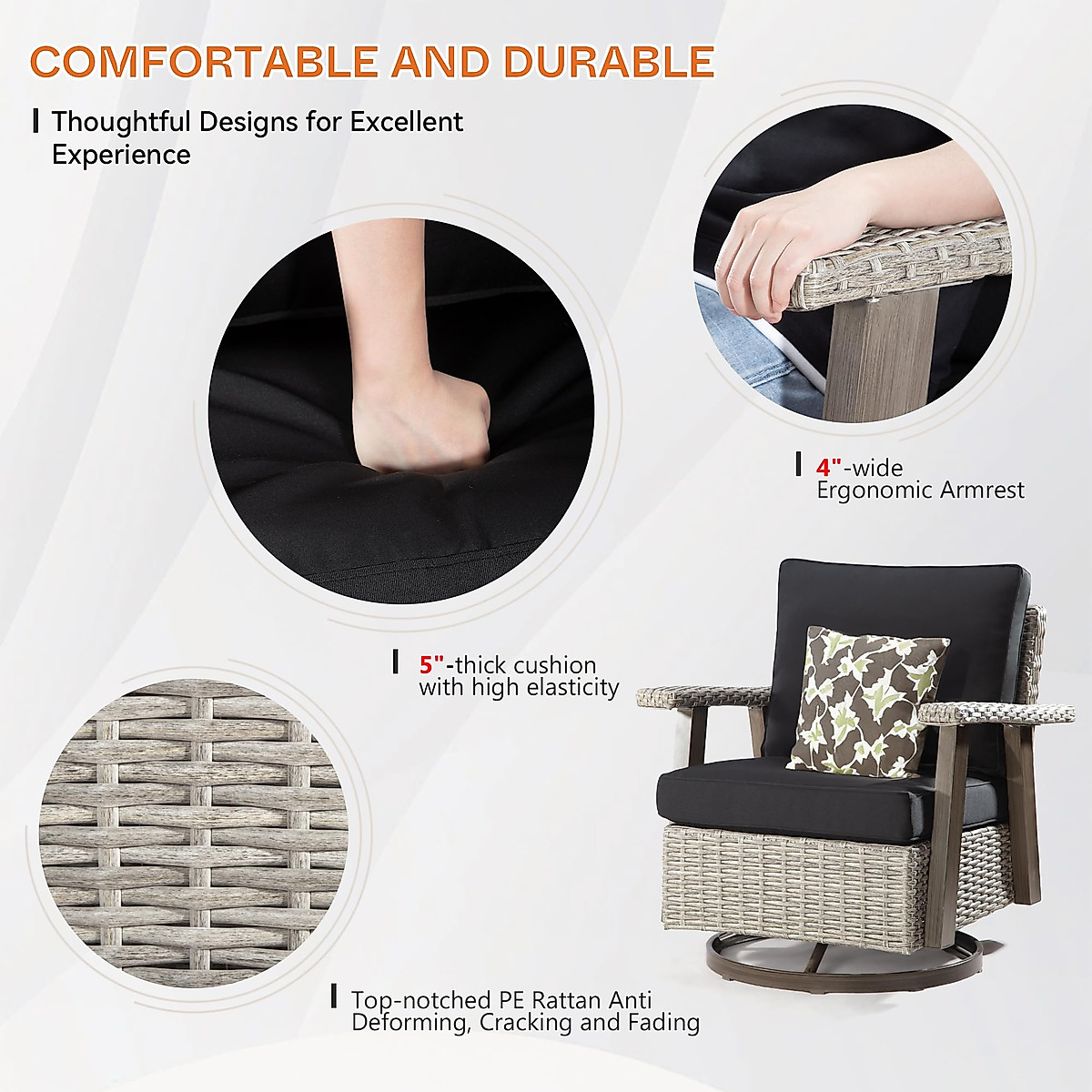 Gardenbee Patio Chair - Outdoor 360 Degree Swivel Rocker Chair with Durable Fabric Cushion and Ergonomic Structure, Upgraded Patio Wicker Chair, Black(Grey/Black)