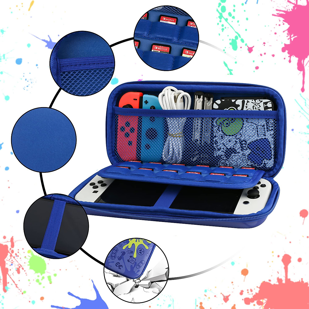 GLDRAM Carrying Case Bundle for Nintendo Switch and Switch OLED, Theme for Splatoon 3 Travel Case for Switch, Carrying Accessories Kit with Game Case, Thumb Grip Caps