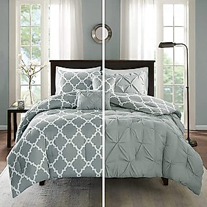 Madison Park Essentials Kasey Cozy Comforter Set - Fretwork Design, All Season Bedding with Matching Shams, Decorative Pillow, Queen (90in x 90 in), Diamond Grey Comforter 5 Piece