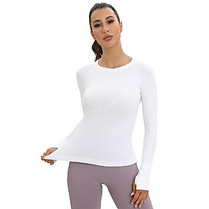 MathCat Workout Shirts for Women Long-Sleeved Athletic Shirt Running Breathable Seamless Yoga Tops White