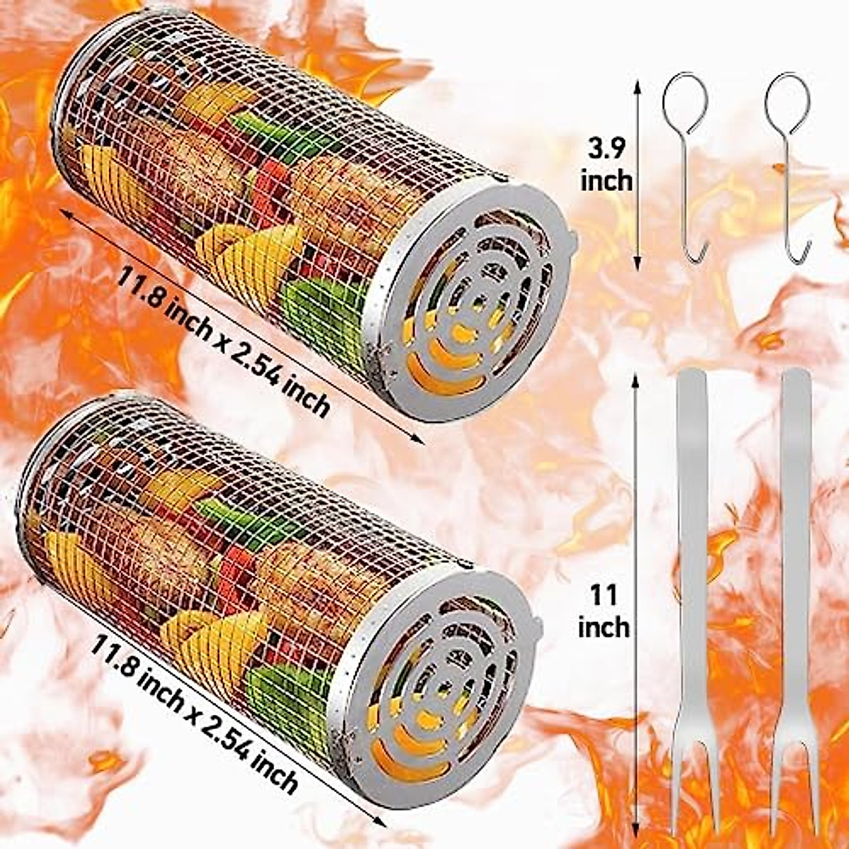 Grill Basket 2 PCS Rolling Grilling Baskets for Outdoor Grilling,Bbq Grill Grilling Basket Cylinder.Barbeque Stainless Steel Accessories for Fish, Shrimp, Meat, Vegetables, Fries (11.8 inch*2)