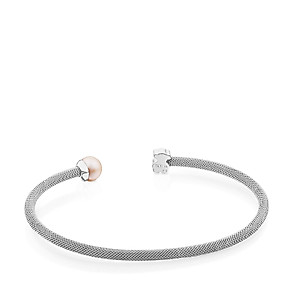 TOUS Icon Mesh 925 Silver Bangle Bracelet with White Chinese-Freshwater-Cultured Pearl 6.5-7.0 mm