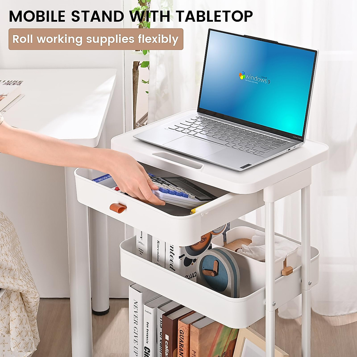 TOOLF Rolling Storage Cart with Drawer & Table Top, 3 Tier Metal Rolling Utility Cart, White Rolling Cart Organizer for Teacher Craft Baby Nursery, Utility Cart for Kitchen Bathroom Bedside Office