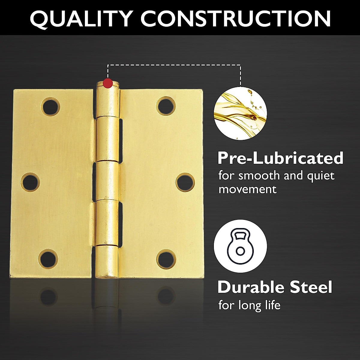 Design House 181461 Square Corner Steel Door Hinge Door Hardware Door Hinges Interior Doors, 3.5"x3.5", Satin Brass, 10-Pack