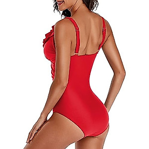 Holipick Women Chili Red One Piece Swimsuits Tummy Control Bathing Suit Ruffle V Neck Swimwear Slimming Monokini for Teen Girls Small