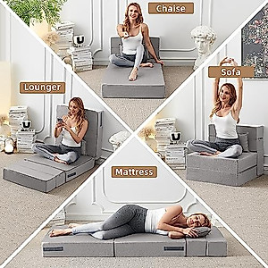 FILUXE Convertible Folding Sofa Bed - Sleeper Chair with Pillow, Modern Linen Fabric Floor& Futon Couch, Foldable Mattress for Living Room/Dorm/Guest Use/Home Office/Apartment, Single Size, Light Grey