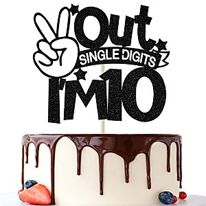 Out Single Digits I'm 10 Cake Topper, Double Digits 10, for Boys Girls 10th Birthday Decorations, Happy 10th Bithday Decorations Black Glitter