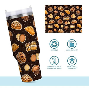 ARGTILDN 40 oz Tumbler Bread Cookie Cupcakes Insulated Travel Mug with Handle and Straw Lid Stainless Steel Vacuum Coffee Cup Tea Beverage Container Water Bottles for Car Sports office