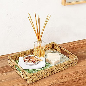 MadeTerra Rectangular Seagrass Tray with Mother of Pearl Inlay Wooden Base Insert Handle, Decorative Nacre Serving Basket for Food, Coffee Table Decor, Decoration, Storage and Display (Set of 2)