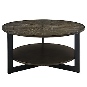 MODERION Round Coffee Table with Storage Shelf, Farmhouse Living Room Cocktail Table with Black Metal Legs, Circular Solid Wood Center Tea/ Sofa Table, 35.3''Dx17.8''H, Brushed Black KFZ1338BK