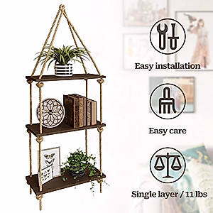 BAMFOX Hanging Wall Shelves,Swing Rope Floating Shelf,3 Tier Bamboo Hanging Storage Shelves for Living Room/Bedroom/Bathroom and Kitchen …