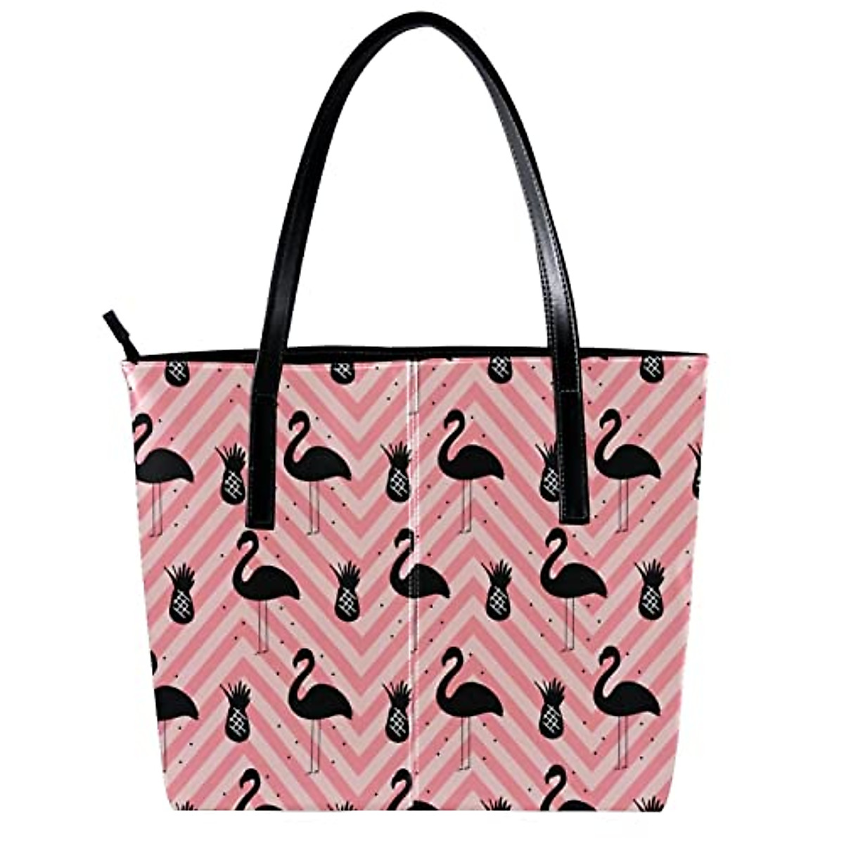 Fashion Leather Handbags Black Flamingo & Pineapple on Pink Background Tote Bag With Zipper for Beach Shopping School Work Travel Business