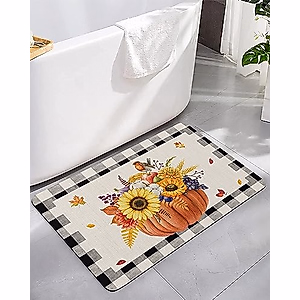 Bathroom Floor Shower Mat, Non-Slip Small Rugs - Easy to Clean, Thanksgiving Pumpkin Sunflower Maple Leaf Durable Bath Rug 16"x24" Washable Quick Dry Diatomaceous Earth Mats for Bathtubs