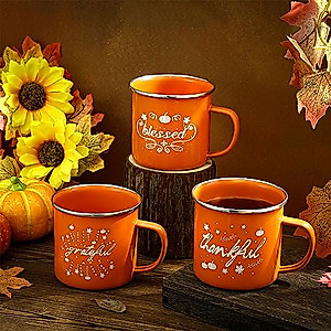Uiifan 3 Pcs Fall Autumn Coffee Mugs 16 oz Enamel Pumpkin Mugs Cups Campfire Style Fall Mugs Grateful Thankful Tea Latte Mug for Thanksgiving Halloween Holiday Daily Supplies