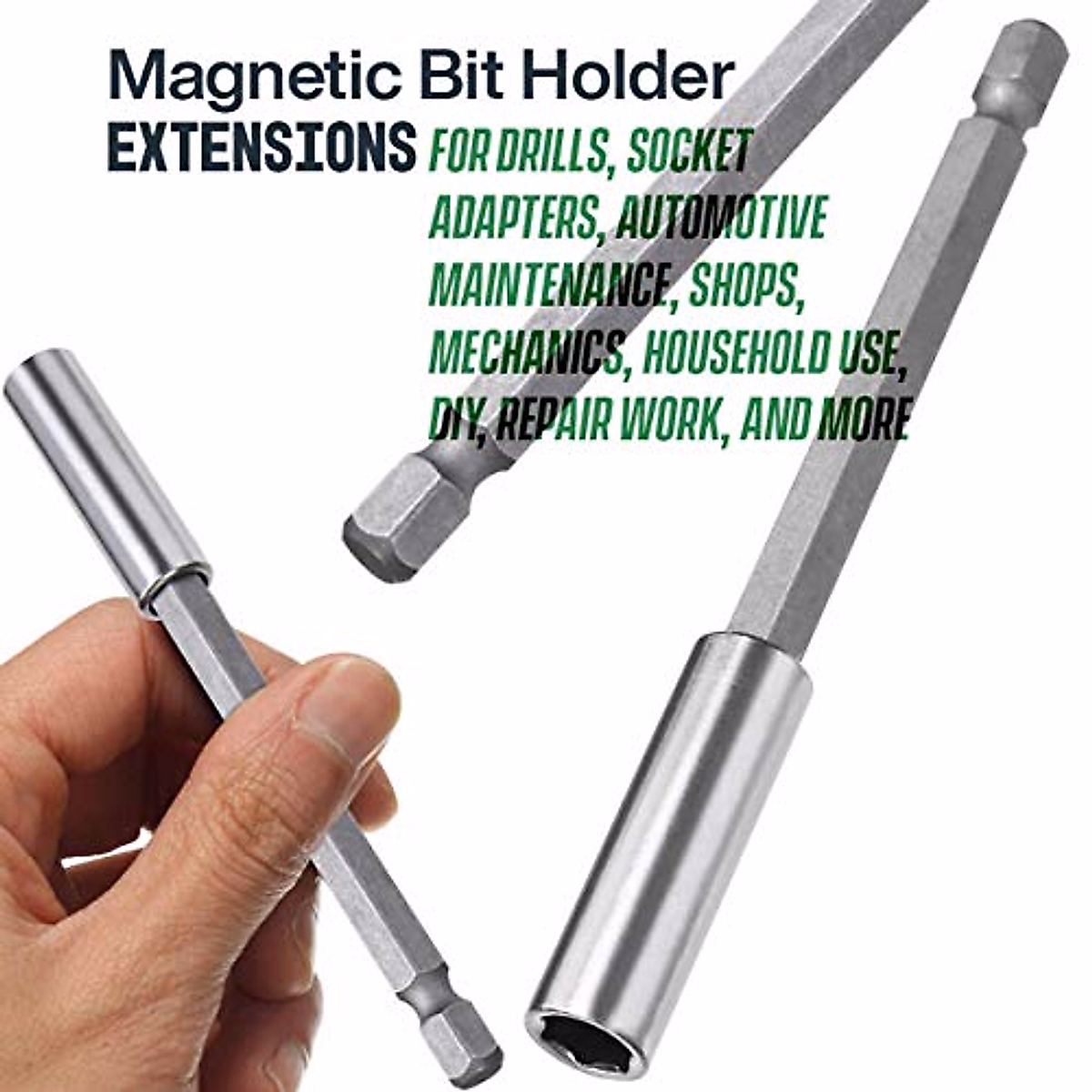 Katzco Magnetic Bit Holder Extensions - 3 Piece Set - 2, 4, and 6 Inch - for Drills, Socket Adapters, Automotive Maintenance, Shops, Mechanics, Household Use, DIY, Repair Work, and More