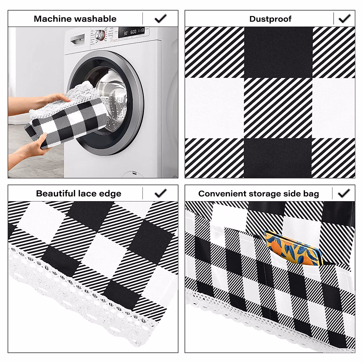 Black White Plaid Laundry Machine Cover Buffalo Checkers Plaids Dryer Top Covers Anti-Slip Fridge Dust Cover, Roller Washing Machine Top Cover Load With 4 Storage Bags