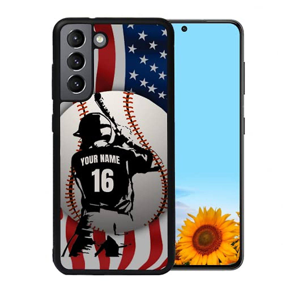 Personalized Baseball Player Name Number America Flag Design Rubber Cover Phone Case for Samsung Galaxy A53 5G/A03S/A02S/A10E/A12/A13/A32/A33/A42/A51/A52/A71 Custom Baseball Phone case