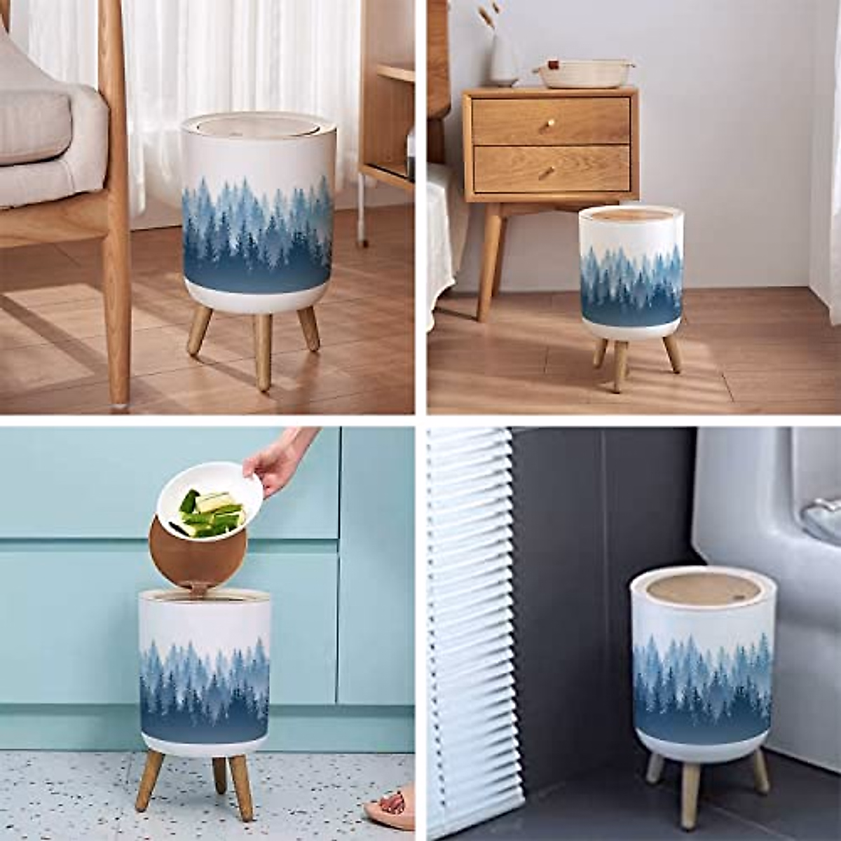 Small Trash Can with Lid for Bathroom Kitchen Office Diaper misty forest landscape detailed blue silhouettes coniferous trees Bedroom Garbage Trash Bin Dog Proof Waste Basket Cute Decorative