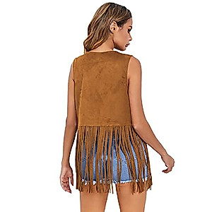 Verdusa Women's Tassel Sleeveless Vest 70s Hippie Faux Suede Fringe Jacket Cardigan Brown L