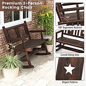 Tangkula Patio Rocking Bench, Carbonized Wood Double Rocker Chair with Ergonomic Seat, 2-Person Solid Wood Rocking Loveseat for Backyard, Porch, Garden, Rustic Farmhouse Style (1, Rustic Brown)