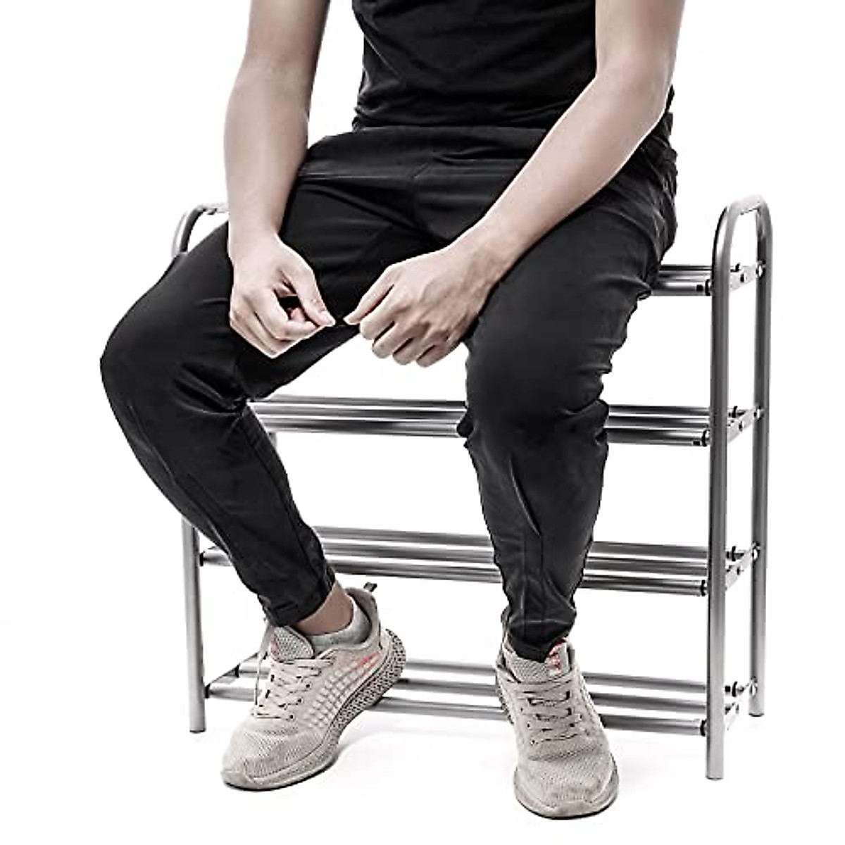 GUANJUNE 4 Tier Extendable Shoe Rack Organizer,Heavy Duty Metal Shelf Organize Holds Upto 20 Pairs Shoes,Space Saver Rack for Wardrobe