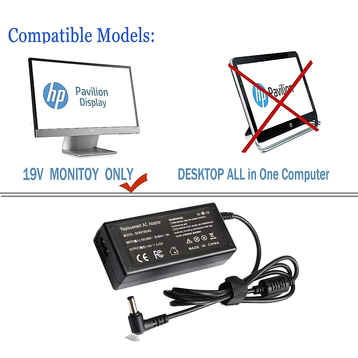 for HP Monitor Power Cord 20" 21.5" 23" 23.8" 25" 27"; 22cwa 25vx 22bw 23bw 23cw 24ea 24es 25bw 25es 25xw 27bw 27xi 27er HP Monitor Power Supply IPS LED Backlit Full HD Display