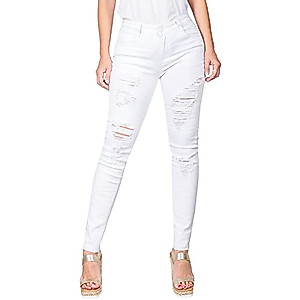 BodiLove Women's Stretchy 5 Pocket Destroyed White Skinny Jeans Back to School Junior Clothing Apparel White 9
