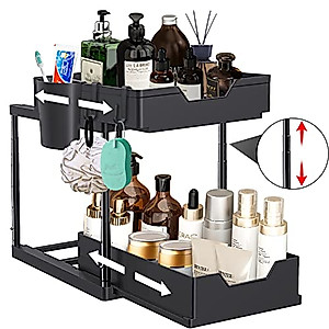 Under Sink Organizers and Storage, 2 Tier Sliding Under Cabinet Organizer with Adjustable Height, Multi-purpose Under Sink Kitchen Bathroom Organizer and Storage with Hook, Hanging Cup, Dividers