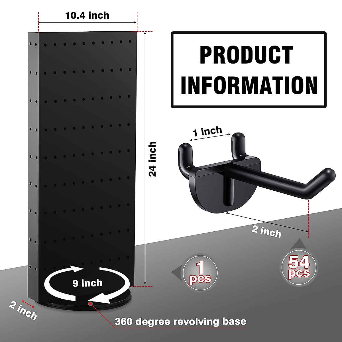 Rotating Display Stand Pegboard Display Rack 10.4'' W 23.6'' H Four Sided Peg Board Display Stands for Selling Vendor Craft Shows Pegboard Organizer Retail Counter Display with 54 Pcs Hooks (Black)