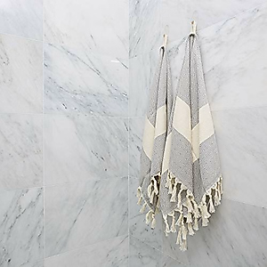 Turkish Hand towel with hanging loop | Set of 4 large towels, 18 x40" | Cute Decorative boho organic towels, dish/washcloths for bathroom, kitchen, gym, hand, face | Black/beige, Gray/Beige (Gray)