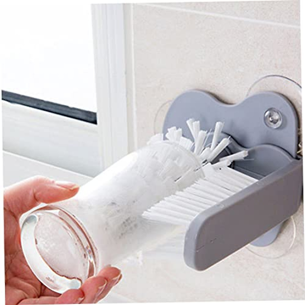 Mednkoku Glass Washer with Suction Base Standing Double Sided Bristle Cleaner Bottle Cleaning Brush Cup Washing Brushes