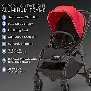 Delta Children Revolve Reversible Stroller, Red - Leather Handlebar; One Hand Easy Fold; Lightweight Shock-Absorbing Frame; Reclining Seat and Adjustable Footrest