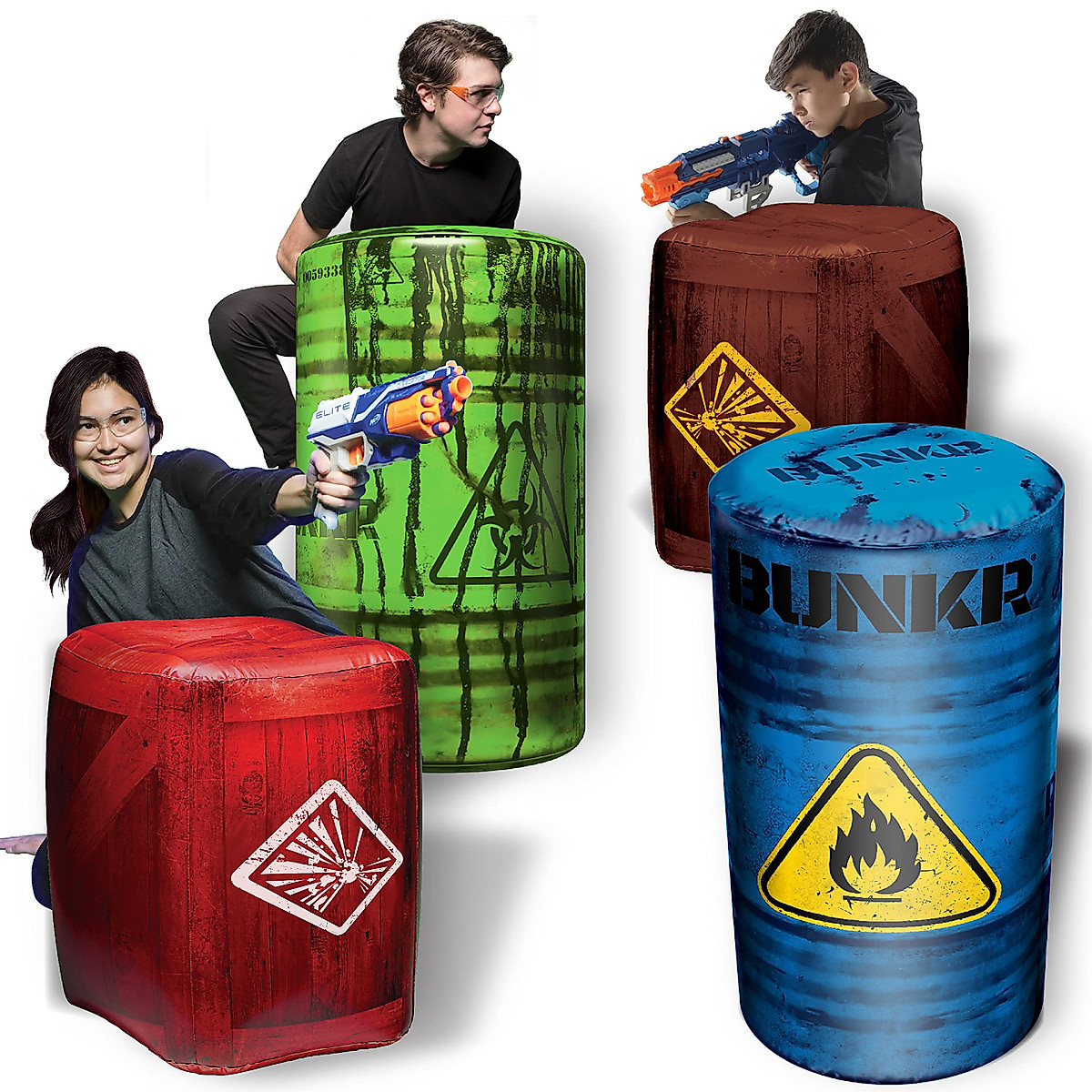 BUNKR BattleZones Battle Royale Inflatable Bunker Fort - 4 Piece Barricade Shield Set Crates and Barrels - Perfect for NERF Party