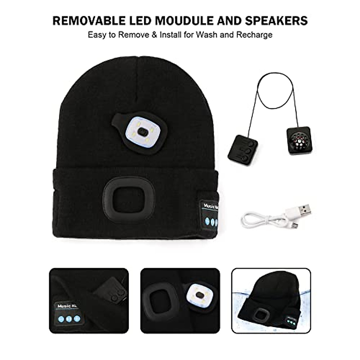 Unisex Bluetooth Beanie Hat with Light, Upgraded Musical Knitted Cap with Headphone and Built-in Stereo Speakers & Mic, LED Hat for Running Hiking, for Men Women Dad (Black)