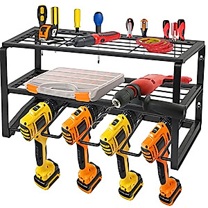 GOHIKING Wall Mount Tool Storage Rack, Garage Organization Heavy Duty Power Tool Organizer for 4 Drills & Batteries Fit Garage, Home, Workshop, Shed Power Tool Storage - Max Load 100lb