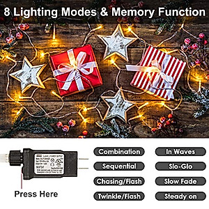 XUNXMAS 33ft 100 LED String Lights Indoor Outdoor, Super Bright Warm White Christmas Lights with 8 Lighting Modes, Extendable Waterproof Fairy Lights for Bedroom Patio Party Christmas Tree Decor