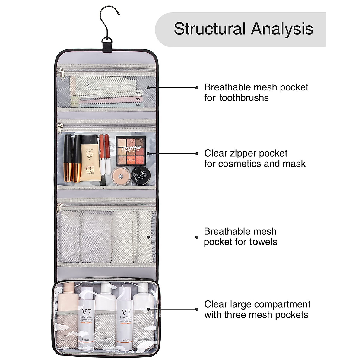 Relavel Toiletry Bag, Travel Hanging Toiletry Bag for Men and Women, Makeup Cosmetic Bag Travel Organizer for Toiletries, Shampoo, Water-resistant Leather and Lining, Full Sized Container Travel Bag